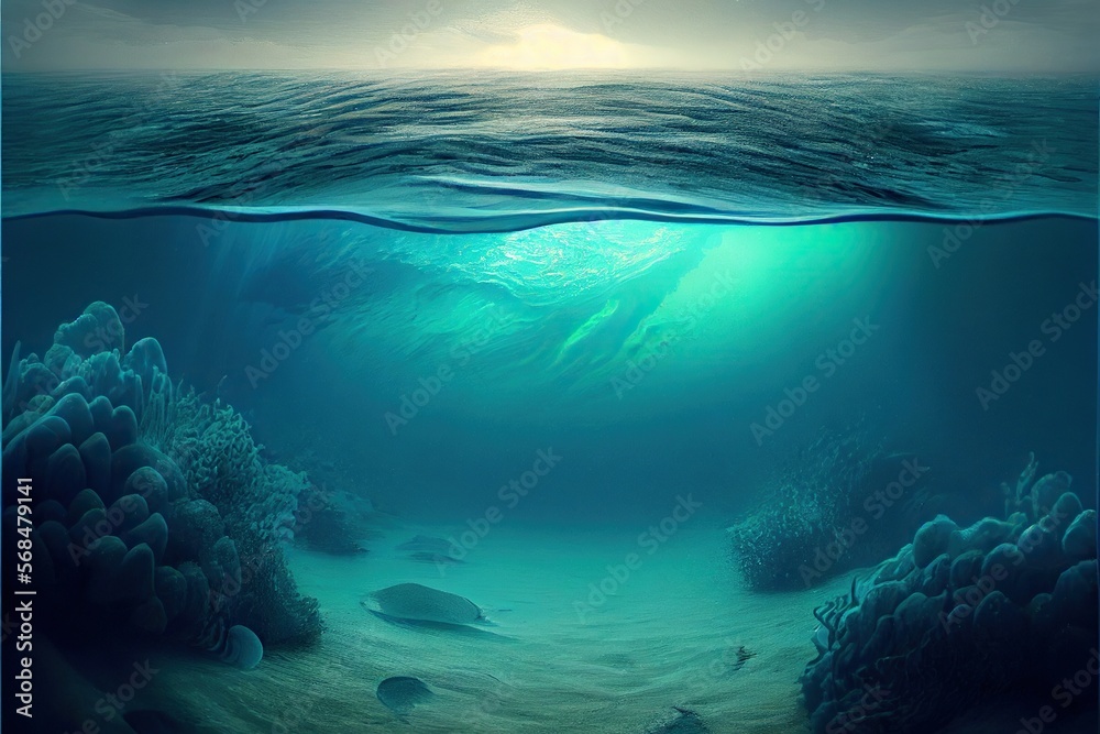 Generative AI illustration of Ocean depth. Underwater empty landscape ...