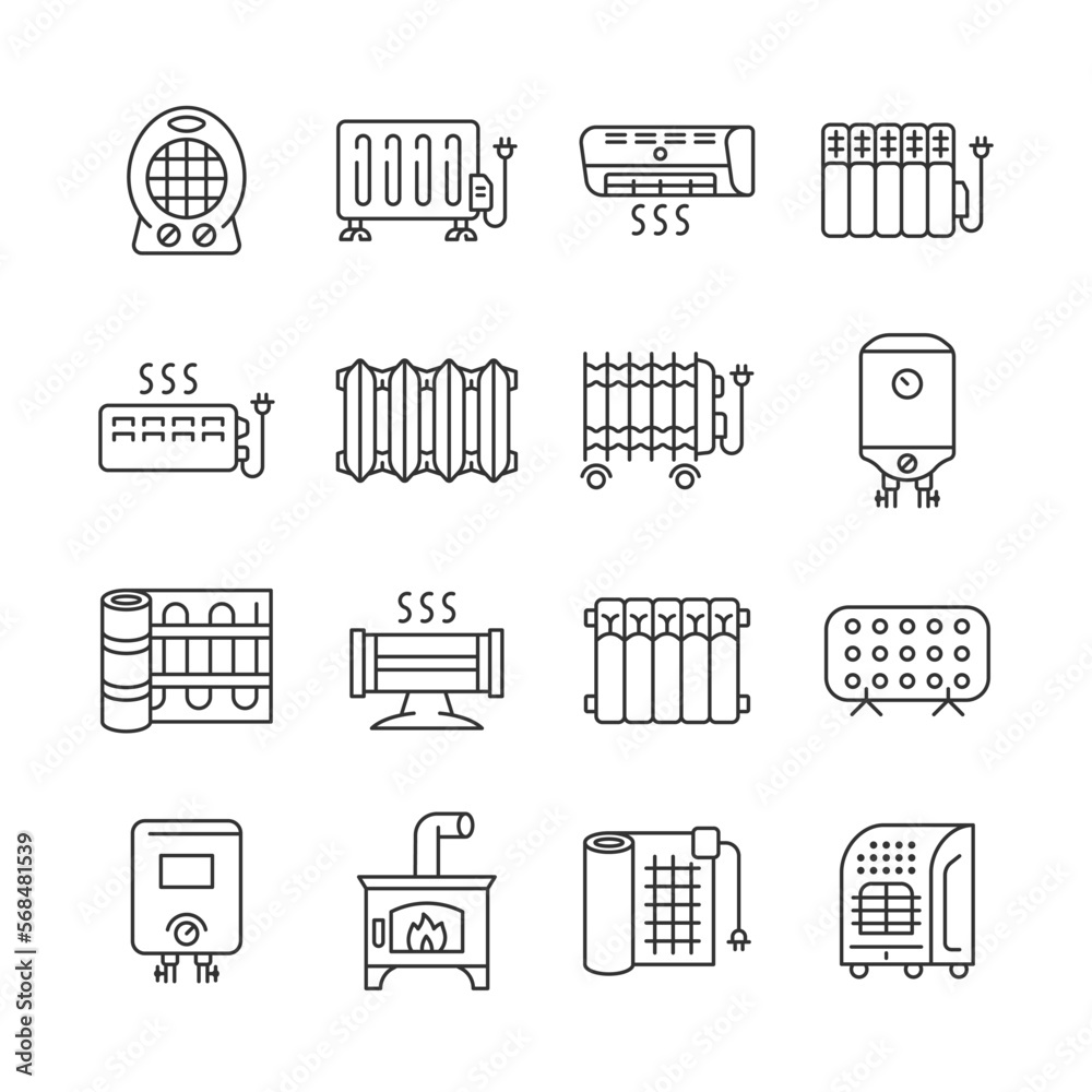 Heater line icon set. Heating equipment vector sign. Convector, oil ...