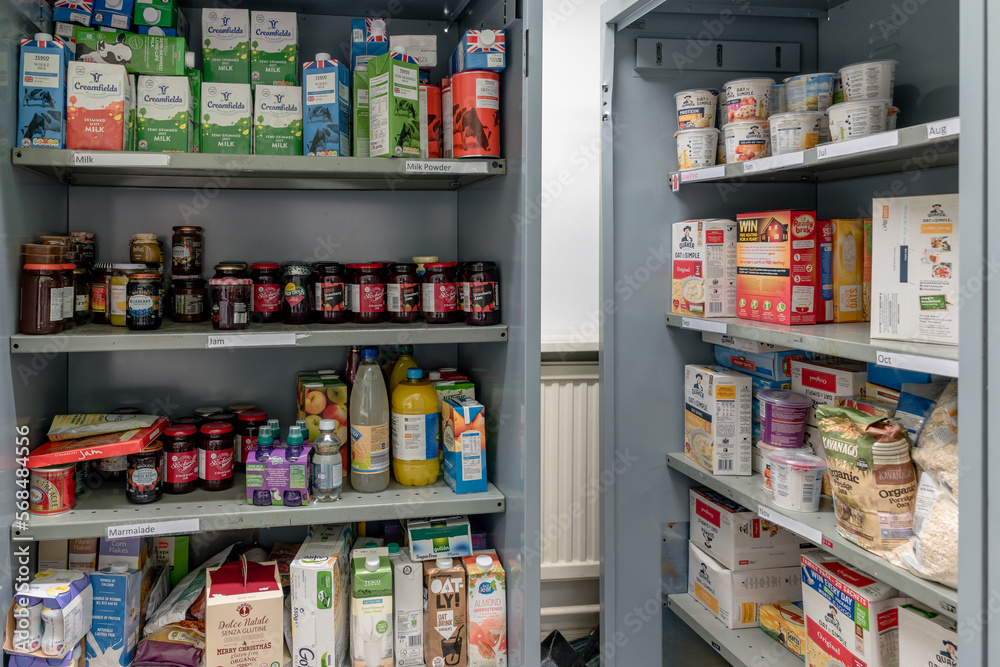 Storage shelves in a Trussell Trust local church food bank warehouse ...