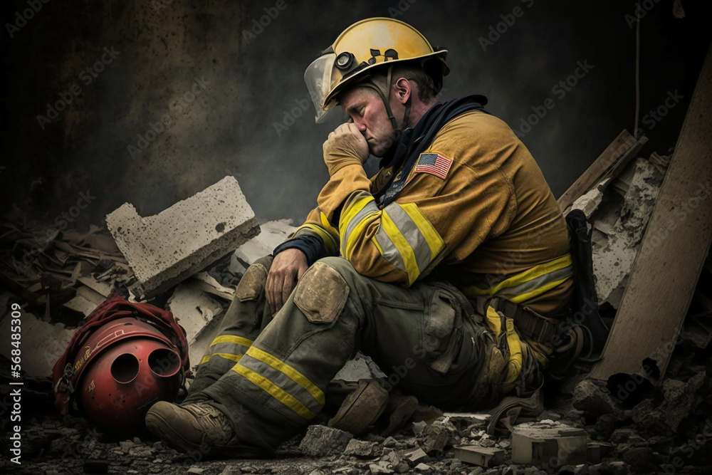 Heroic Effort A fireman exhausted and sad sitting. Generative AI ...