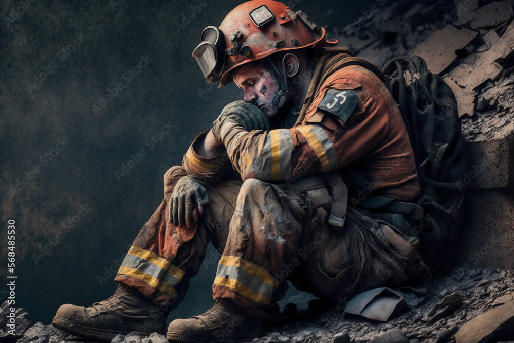 Heroic Effort A fireman exhausted and sad sitting. Generative AI Stock ...