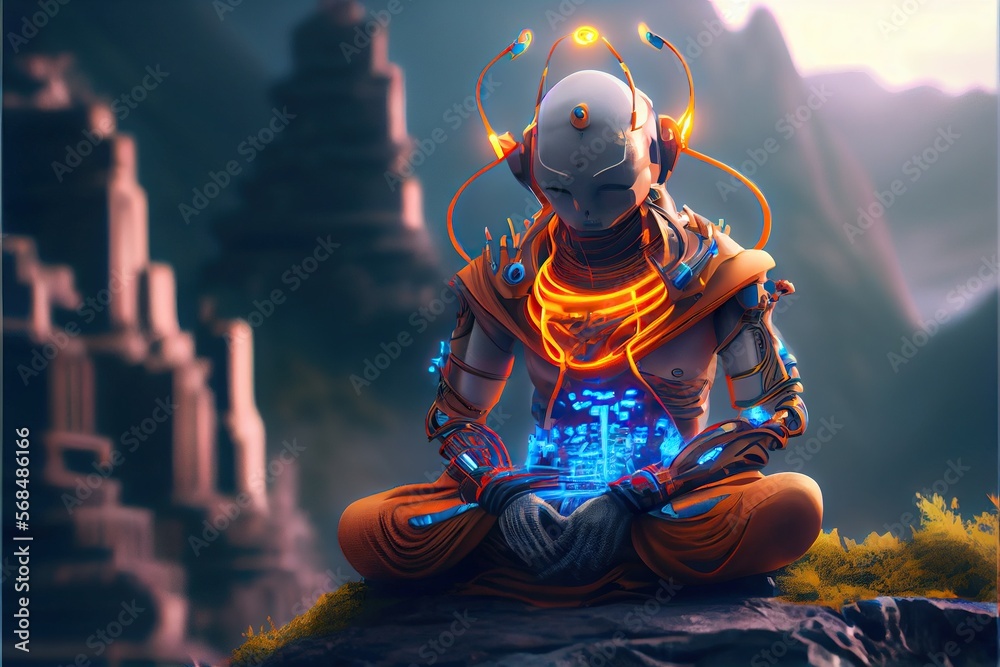 Generative AI illustration of an advanced monk robot cyborg doing yoga ...