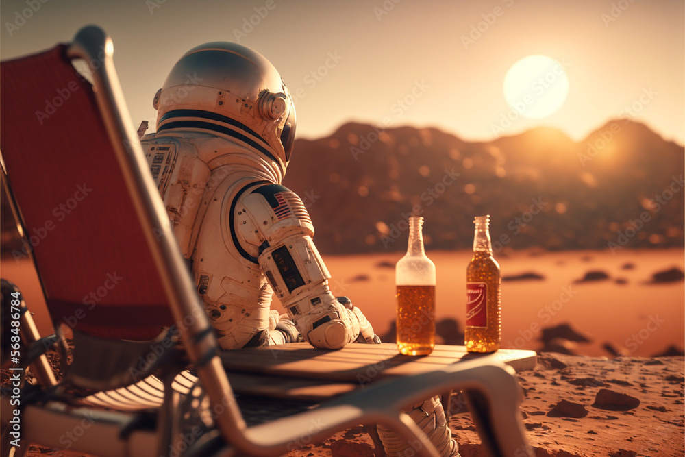 An astronaut sits on a chair and basks under the rays of a bright star ...