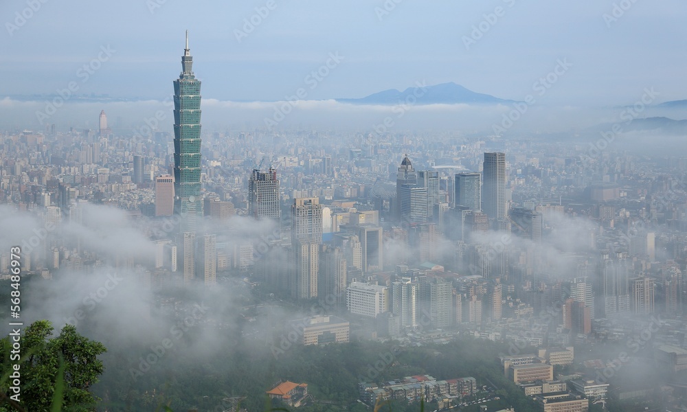 Aerial panorama of Taipei, the capital city of Taiwan, on a rare foggy ...