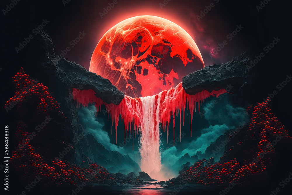 Red Moon Waterfall Generative AI Stock Illustration | Adobe Stock