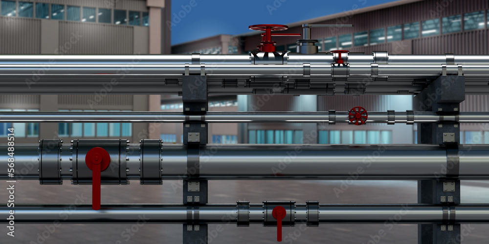 Industrial zone with pipeline on territory. Valves for adjusting ...