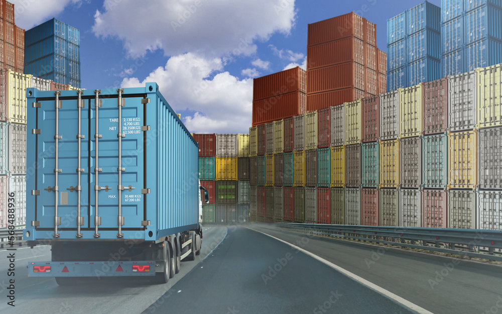 Truck carries sea container. Transportation goods to port concept ...
