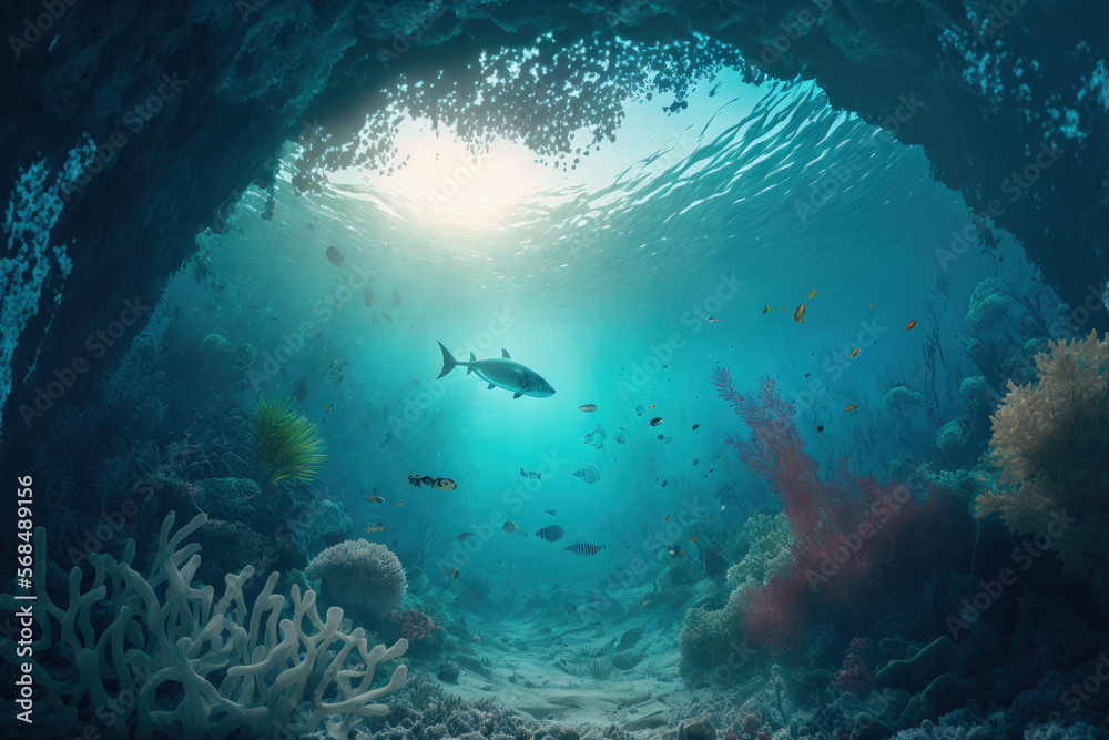 Underwater view of a marine environment with a blue ocean and untamed ...