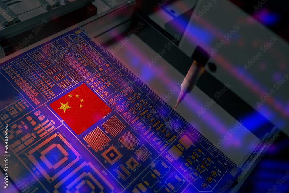 Circuit board with China flag. Production of digital boards. Blue chip ...