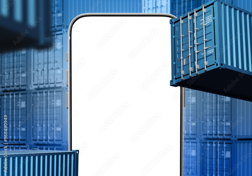 Phone template. Cargo containers near smartphone. Mock up for logistics ...