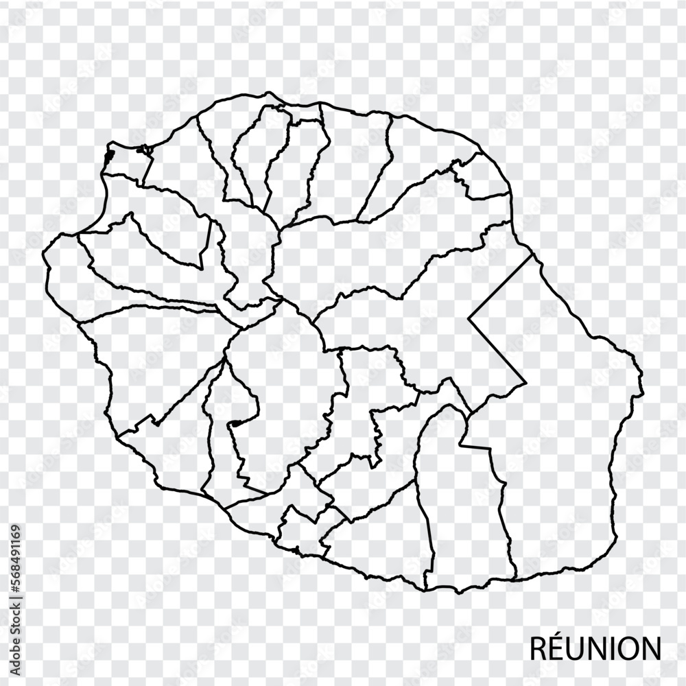 Blank map Reunion in gray. High quality map of Reunion with districts ...