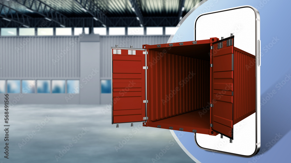 Cargo container in hangar. Open sea container in smartphone screen ...