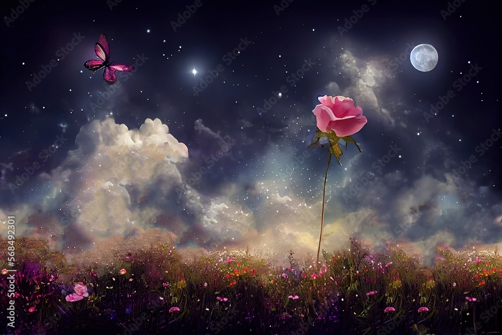 Fairytale fantasy photo background of magical deep dark night sky with shining stars, moon ...