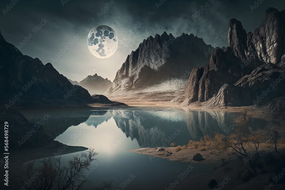 a ghostly pale moon illuminating a sprawling and desolate landscape ...
