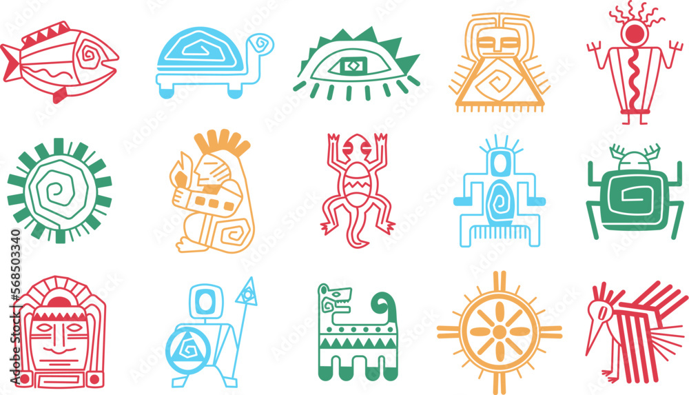 Maya aztec totem isolated symbols. Mexican signs, sun, turtle, tiki ...