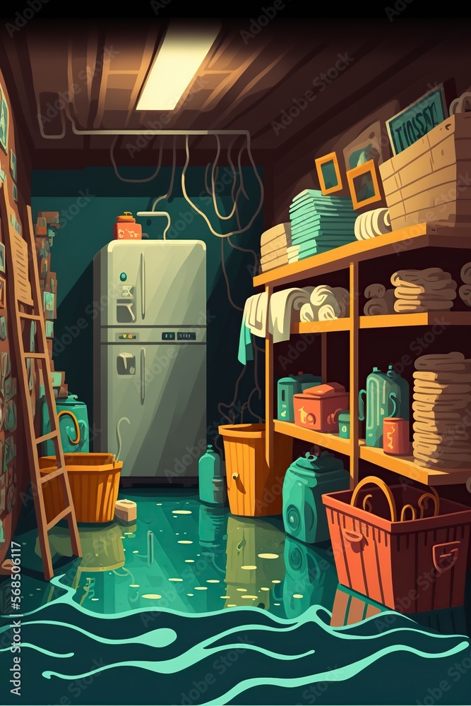 cartoon illustration, basement flooded clothes, home water leak, ai ...