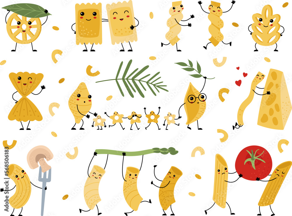Cute pasta characters, cartoon spaghetti and macaroni. Funny noodle ...