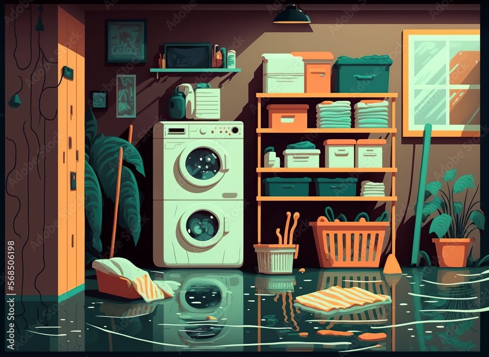 cartoon illustration, basement flooded clothes, home water leak, ai ...