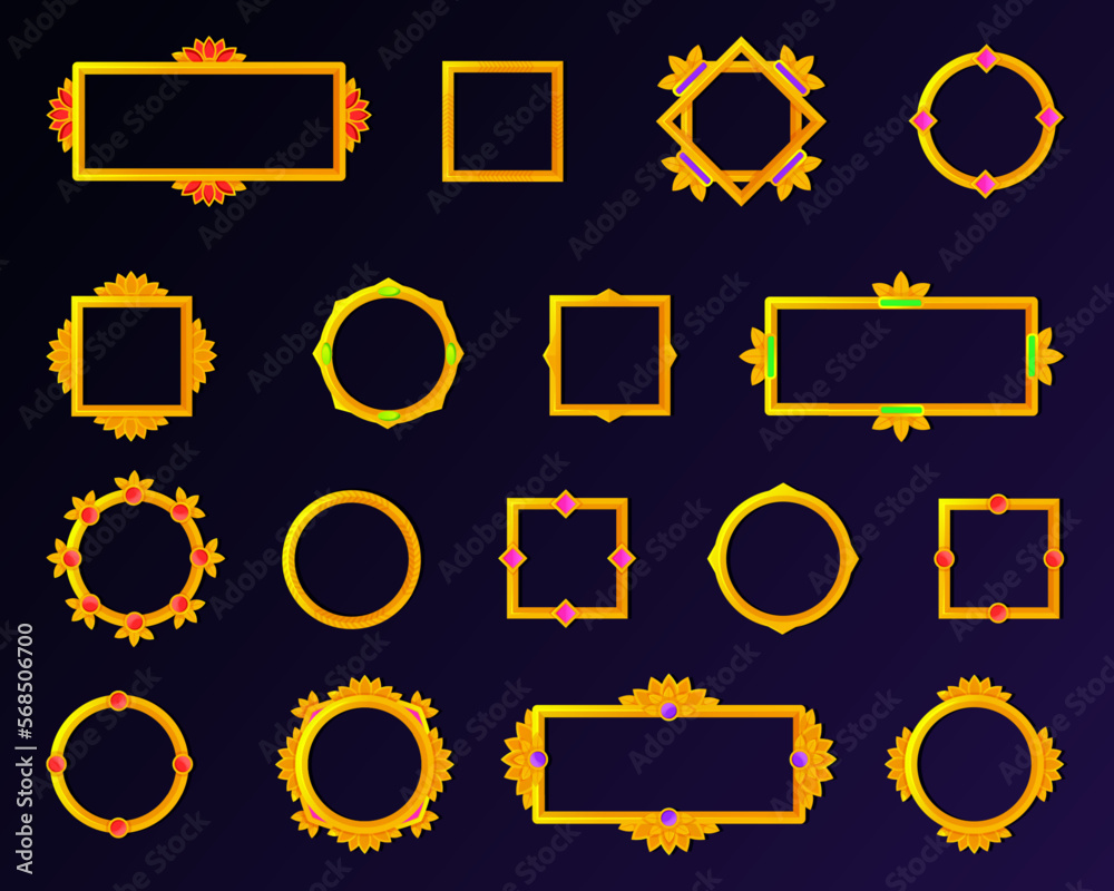 Game metal frame. Golden silver bronze UI RPG buttons, fancy empty ...