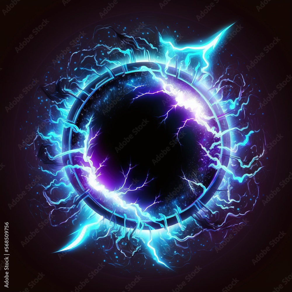 a circle of lightning with a black background and a blue circle in the ...