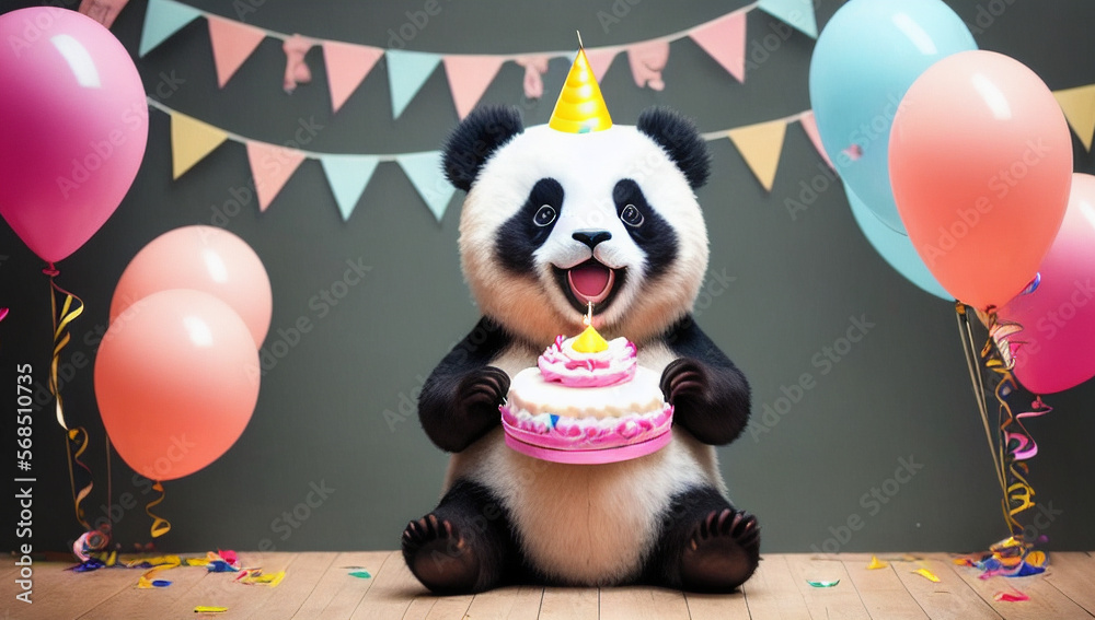 happy smiling panda with birthday cake and holiday decorations ...