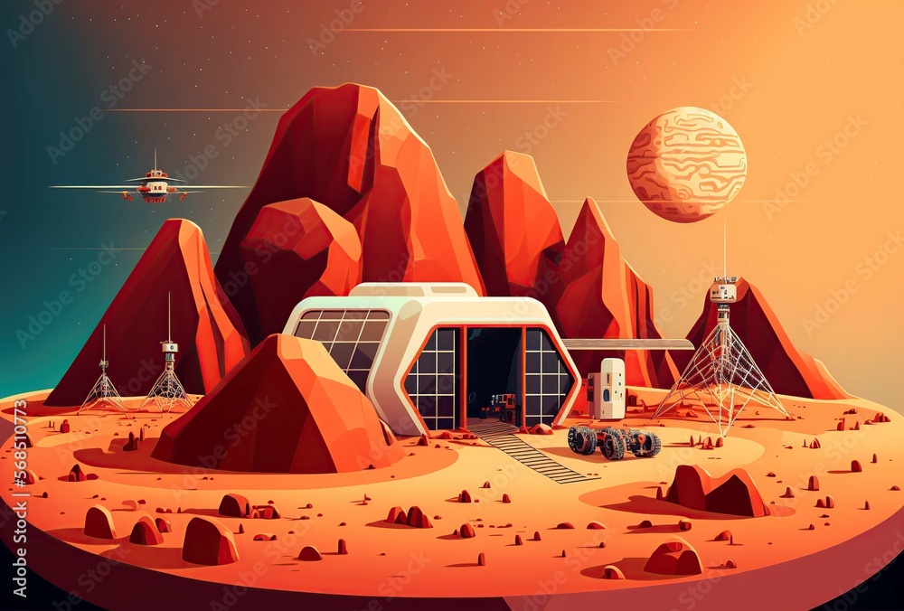cartoon illustration, a space exploration station or a planet ...