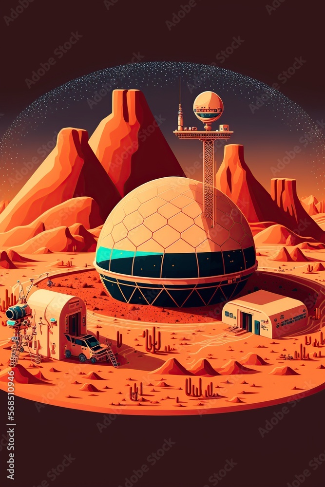 cartoon illustration, a space exploration station or a planet ...