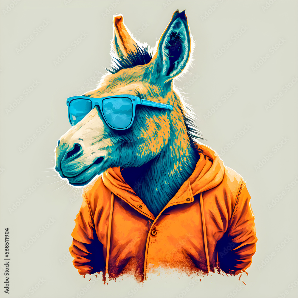 Funny Hipster Cute Donkey Art Illustration, Anthropomorphic Animals ...