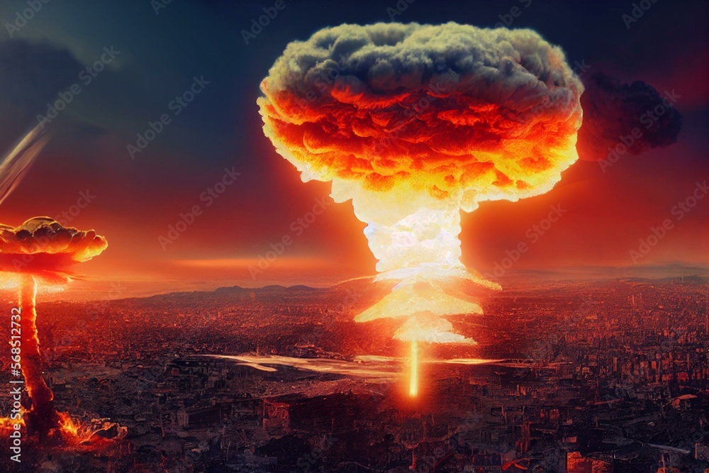Atomic Bomb over a City with Mushroom cloud in the distance. Giant Nuke Explosion Blast. Nuclear ...