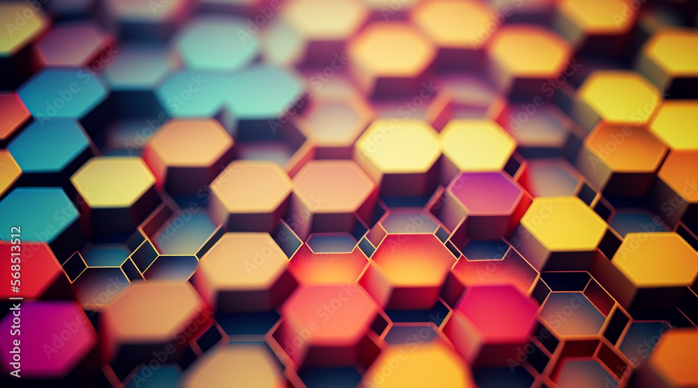 Realistic 3d render, abstract art colorful hexagon background. Neon color with hexagonal frame ...