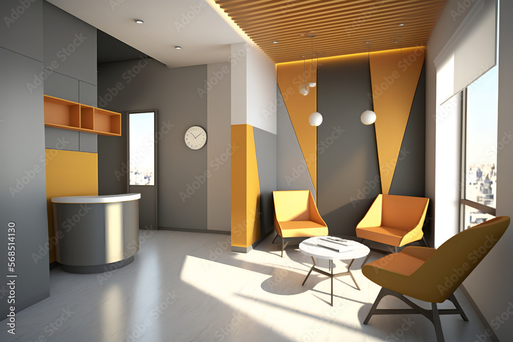 contemporary doctor's office, with sleek lines and a warm color palette ...