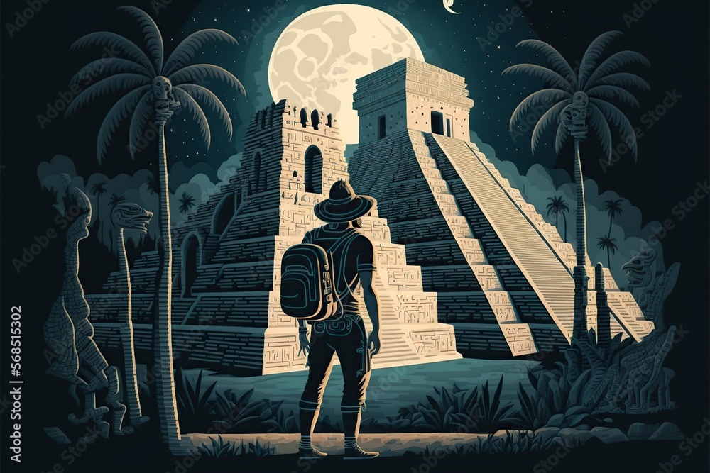 cartoon illustration, traveler in the night aztec city with pyramids ...