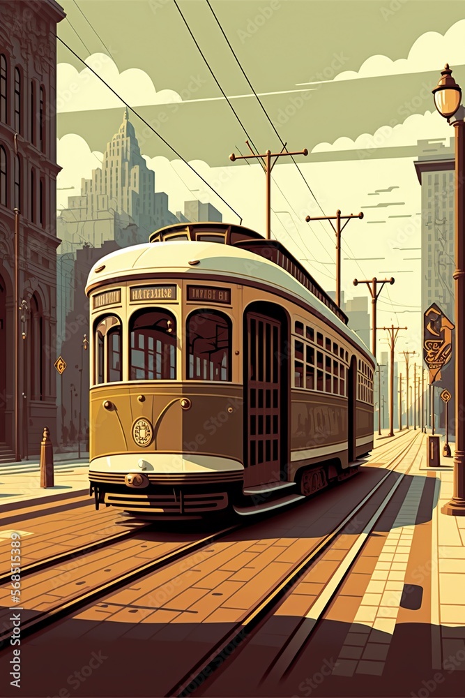 cartoon illustration, a tram on a city street,generative ai Stock ...