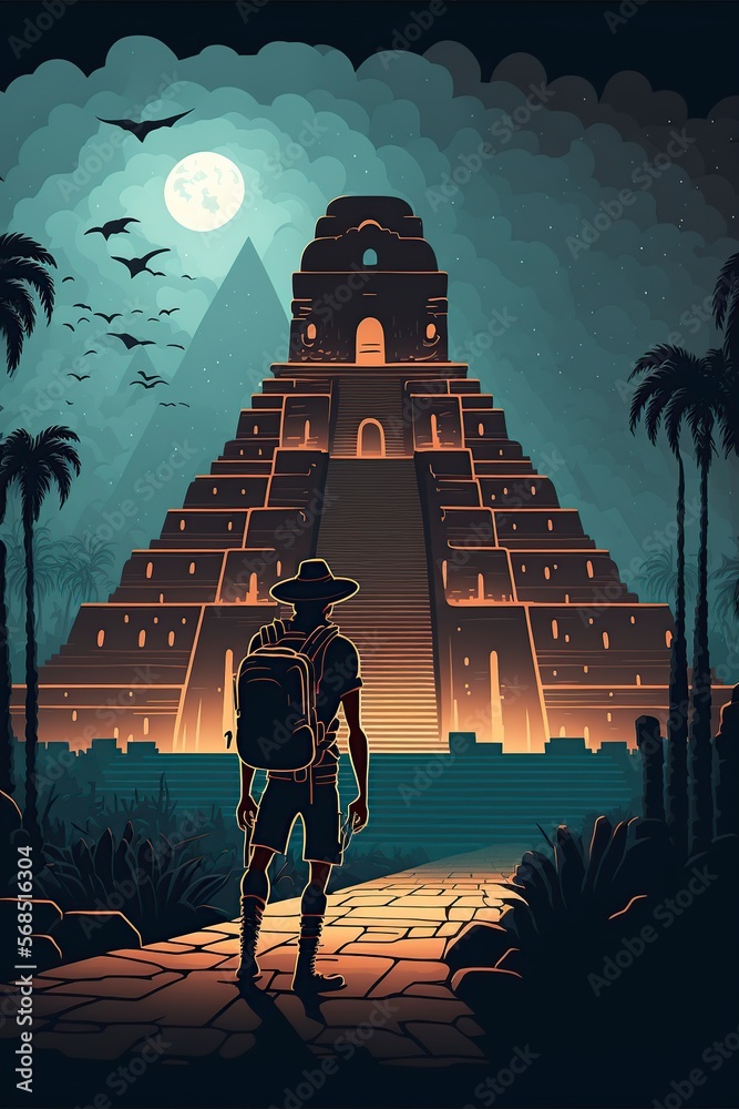 cartoon illustration, traveler in the night aztec city with pyramids ...