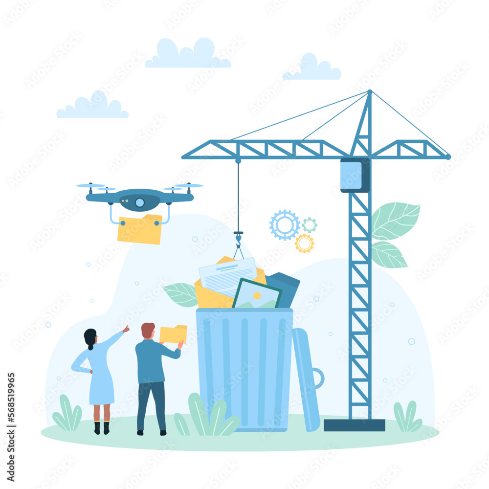 Trash file cleaning software vector illustration. Cartoon tiny people ...