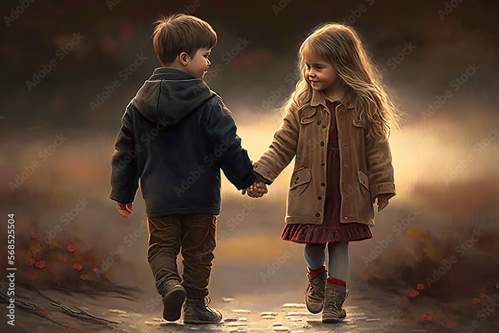 Children Holding Hands Graphic Art, Boy and Girl Hold Hands, Young Love ...