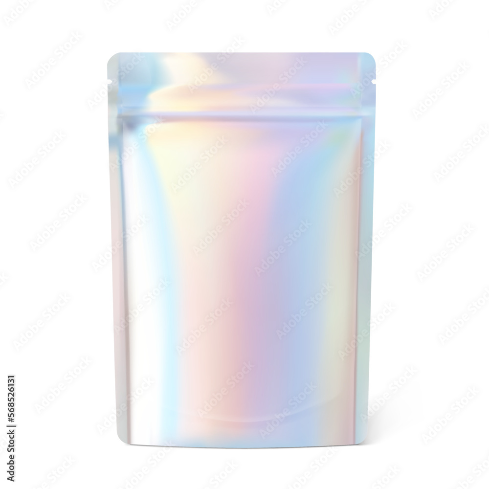 Blank pouch bag with irisdent material mockup. Vector illustration ...