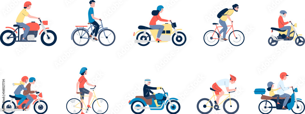 Flat motorcyclist characters. Riding bike and motorcycle, man ride ...