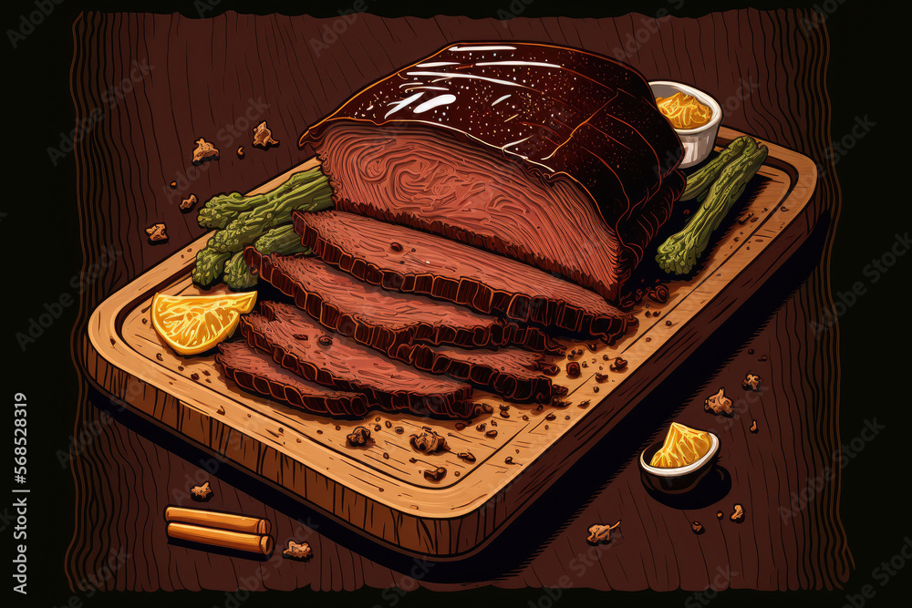 Barbecued beef brisket. Brisket of beef chopped. Meat from a ...