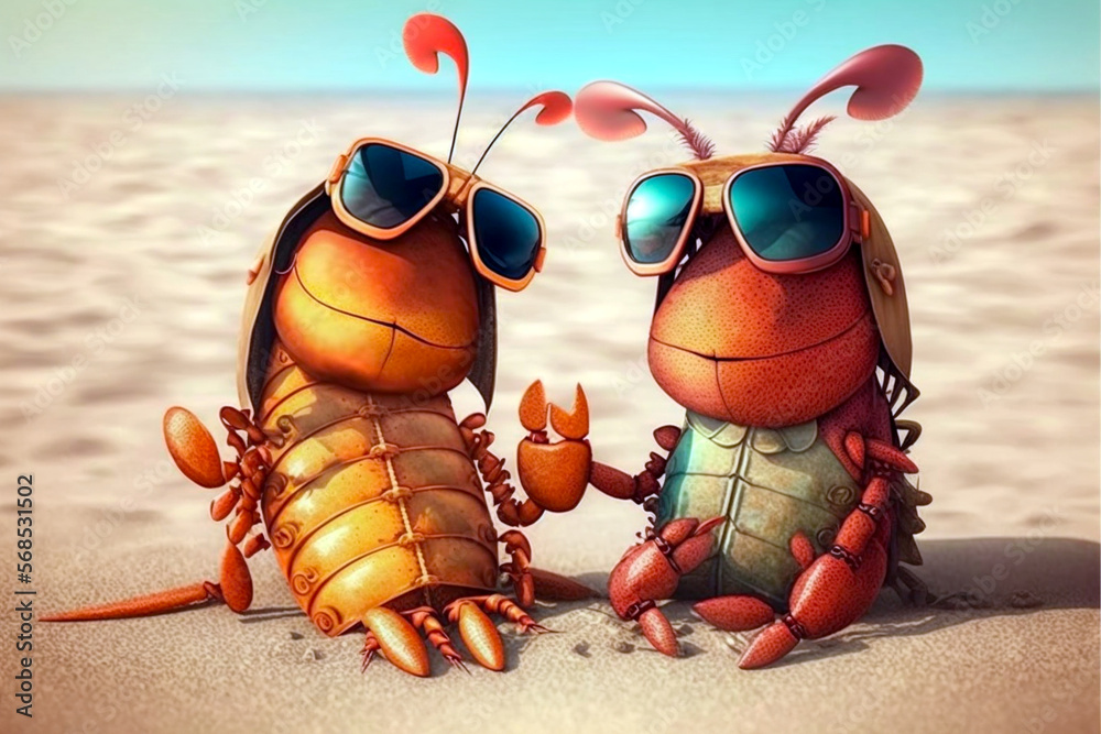 Lobster love. Lovely lobsters on the beach. An anthropomorphic lobsters ...