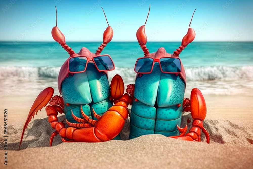 Lobster love. Lovely lobsters on the beach. An anthropomorphic lobsters ...