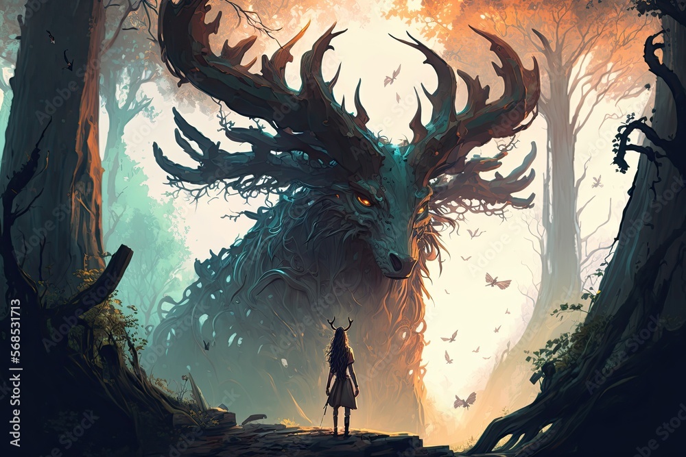 A fantasy world with mythical creatures and enchanted forests, digital art style, illustration ...