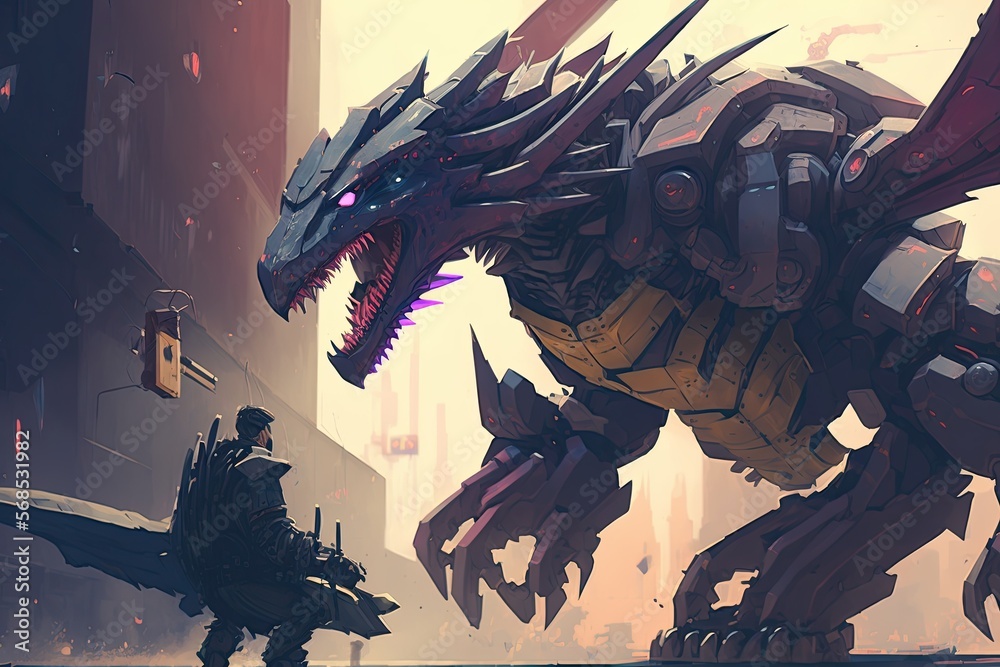 A giant robot fighting a mechanical dragon in a futuristic city ...