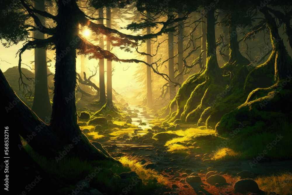 Golden sunlight, rays of the sun, ancient forests covered with moss, a ...