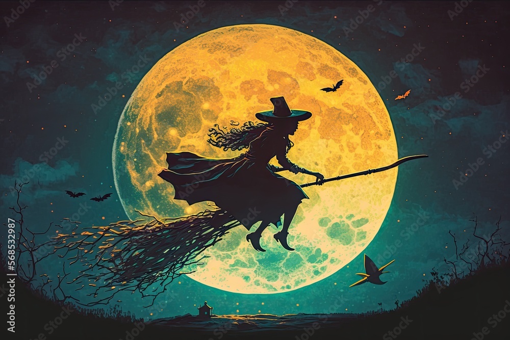 A witch flying on her broomstick over a full moon, digital art style, illustration painting ...