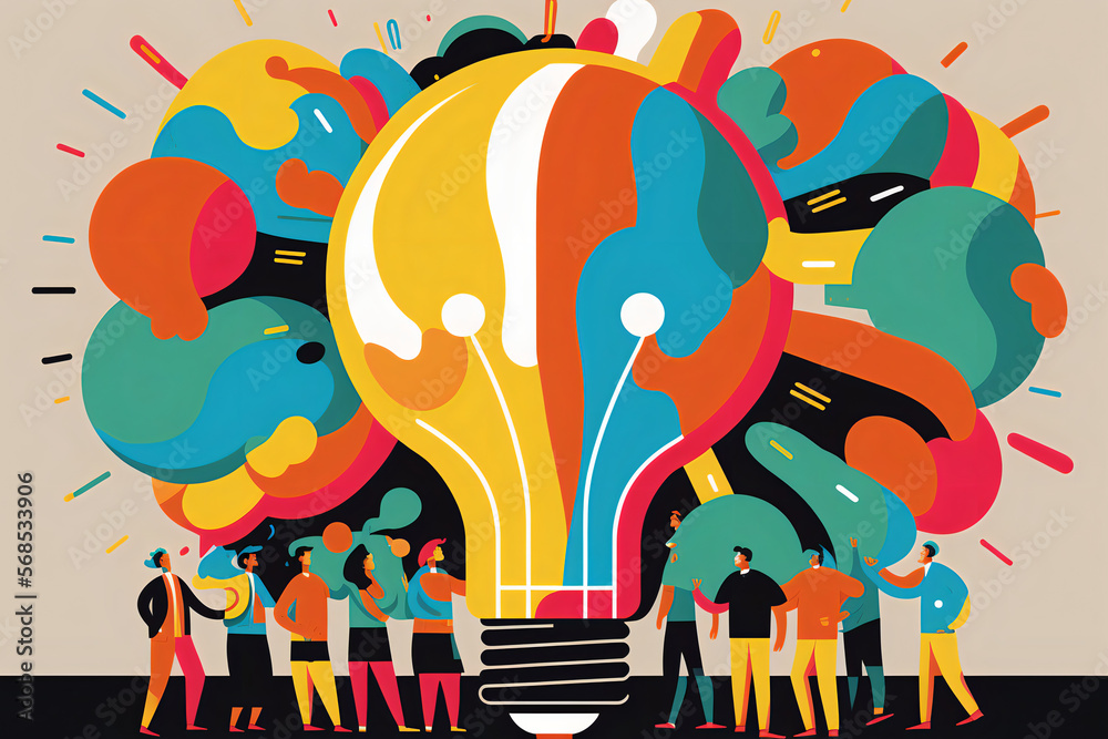 group of people gathered around a giant lightbulb, actively engaging in ...