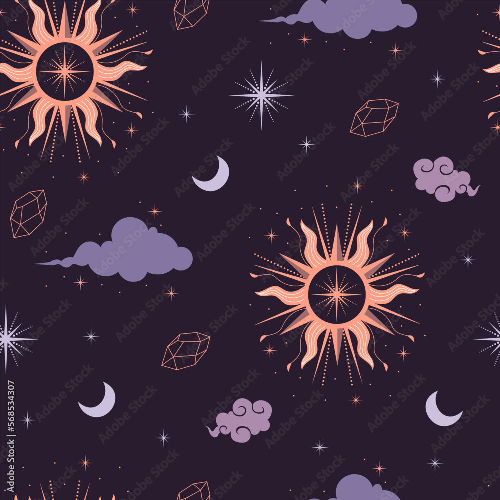 Seamless magical background. Occult symbols. Moon, sun, sky, stars ...