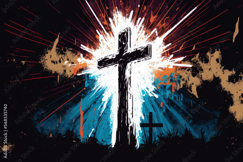Graphic digital illustration of light beams with the Christian cross of ...