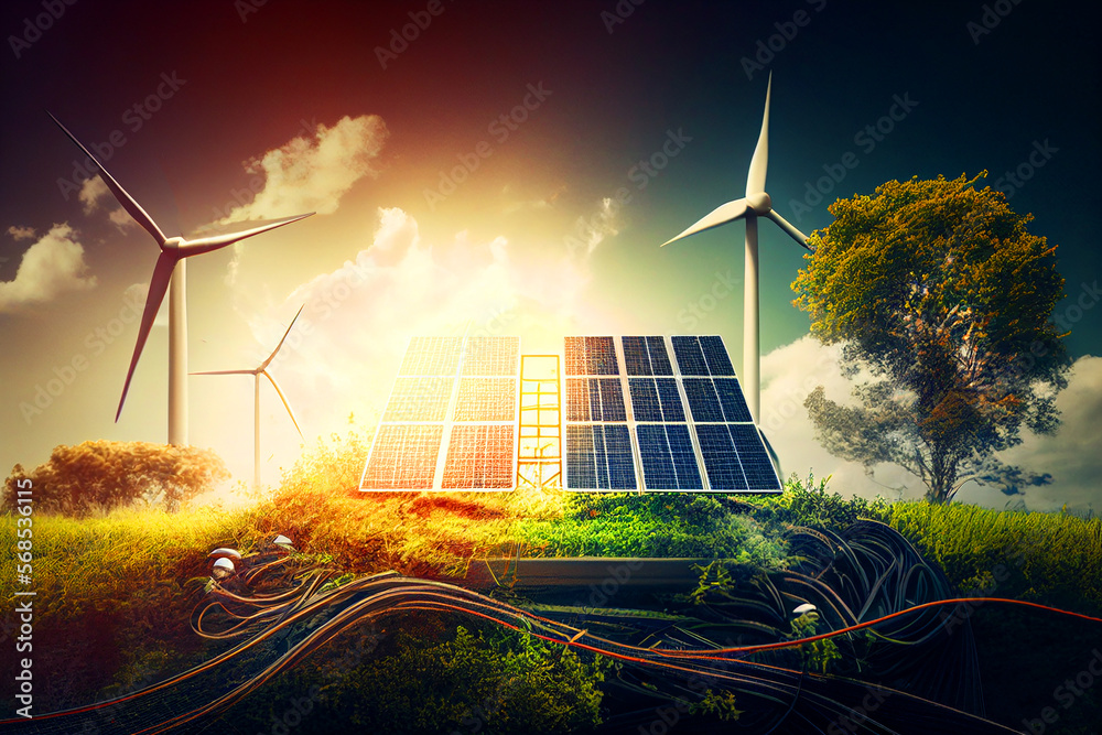 Solar panel and Wind Turbine Generator. Solar energy from solar panels ...