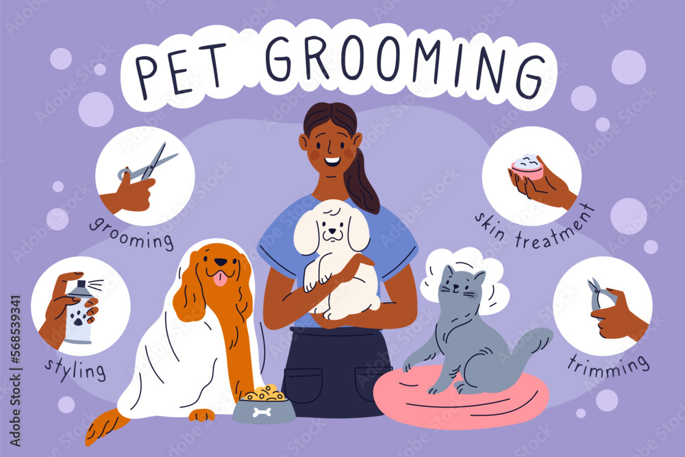 Pet grooming service poster. Animals beauty salon. Cartoon pretty dogs ...